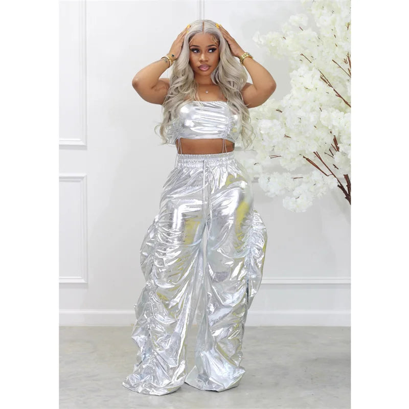 Gold Sliver Metallic Two Piece Sets Crop Top and Pants Streetwear Hip ...