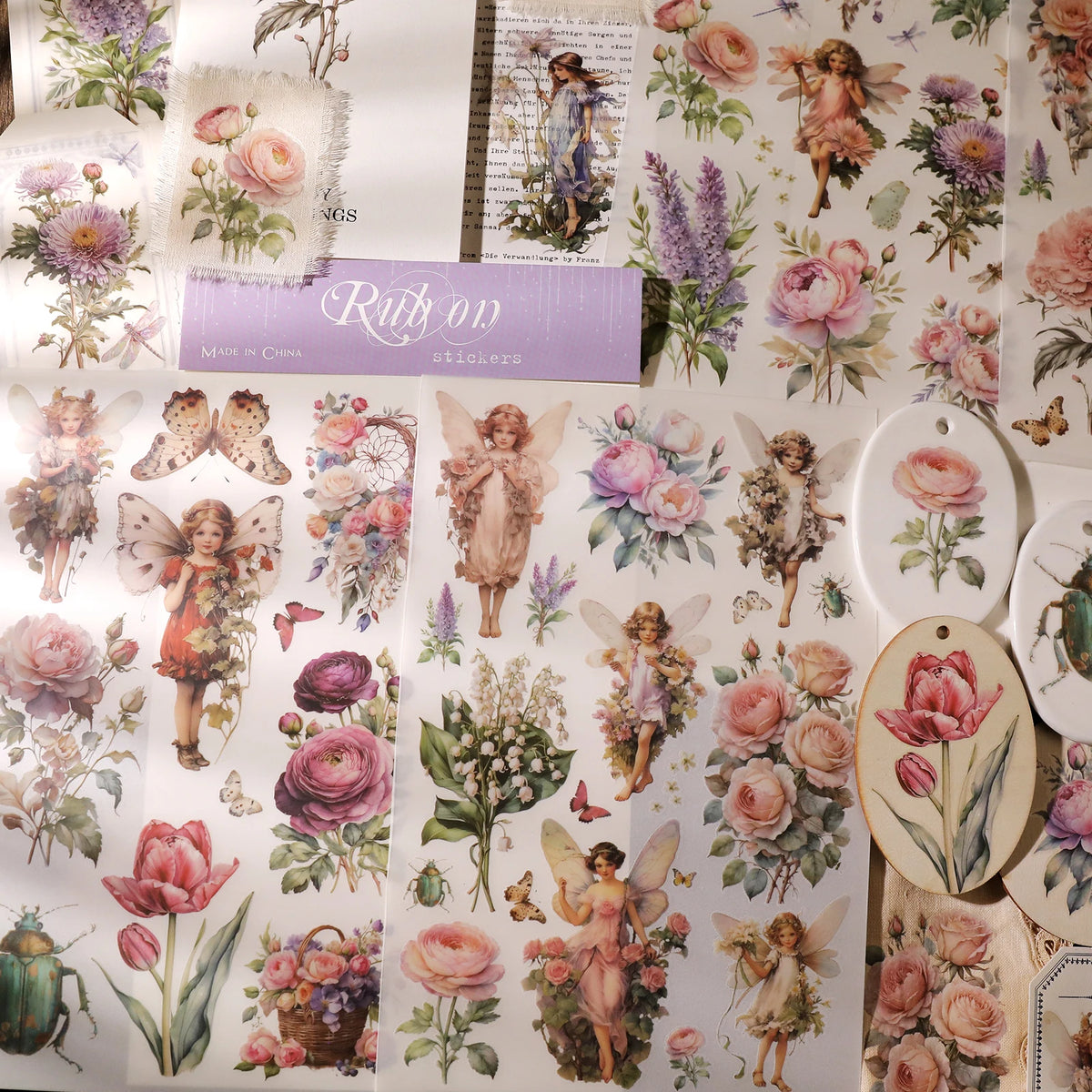 2 Sheet RUB ON Fairy Stickers Junk Journal Craft Transfer Rose Butterf ...