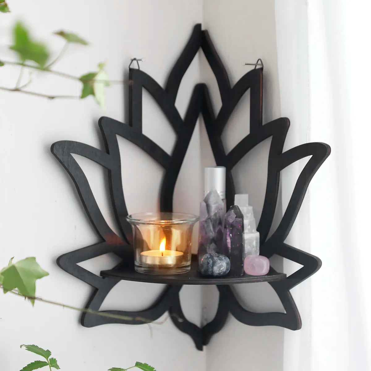 Lotus Crystal Corner Shelf Wooden Crystal Display Woodland Gatherer AU