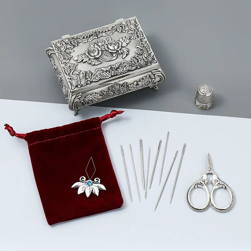 Antique Style Stainless Steel Sewing Box with Scissors, Needles, Threa ...