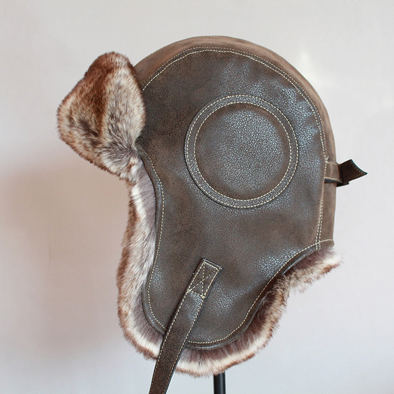 Winter Pilot Aviator Bomber Trapper Hat Faux Fur Leather Snow Cap with ...