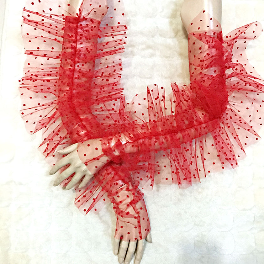 Dot Print Mesh Long Fingerless Gloves with Ruffles Woodland Gatherer